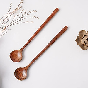 GXLWDZA Wooden Long Spoons - 2 Pcs Long Handle Round Spoons, Korean Style 10.9 inches 100% Natural Wooden Soup Spoon for Soup Cooking Mixing Stirrer Kitchen Tools Utensils