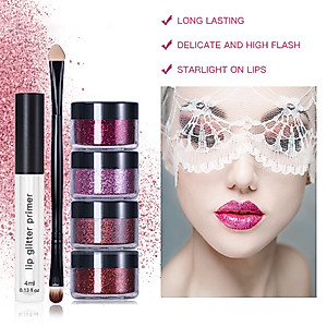 LOKFAR 4 Colors Glitter Lip Kit, Shiny Diamond and Metallic Lip Glitter Makeup Lipstick Lip Gloss Glitter Lipstick, Waterproof & Long Lasting Lip makeup Powder Set for Lips Nails Art(Set A Warm Color)