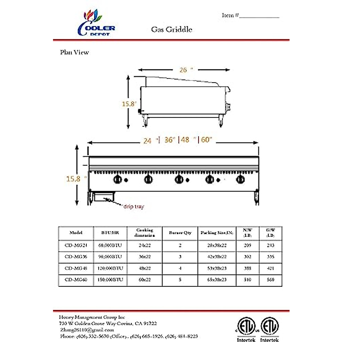 Commercial Griddle Manual 36" Countertop Natural Gas - 90000 BTU NSF CD-MG36