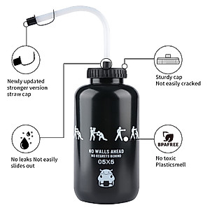SHOKE Long Straw Water Bottle Hockey Boxing 1 Liter Water Bottle Football BPA Free Squeeze Leak Proof Sports Water Bottles for Baseball Lacrosse Cycling Sport Large Capacity 32 Oz/1 Liter-Black