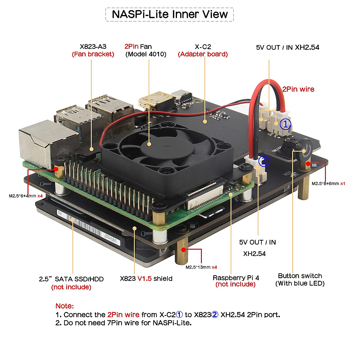 Geekworm NASPi-Lite 2.5 inch SATA HDD/SSD NAS Storage Kit for Raspberry Pi 4 Model B(Not Include Raspberry Pi 4)