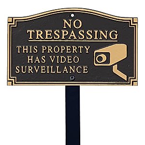 SmartSign 5.75 x 9.5 inch “No Trespassing - This Property Has Video Surveillance” GardenBoss Statement Plaque with 18 inch Lawn Stake, 375 mil Rustproof Aluminum, Black and Gold, Set of 1