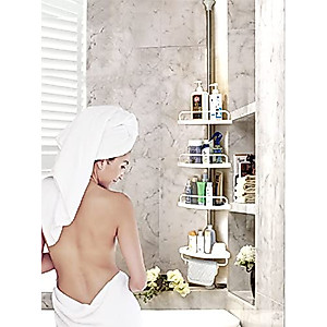 H&A Tension Shower Caddy Pole, Bathroom Corner Shower Rack, Stainless Steel Pole and Rustproof-White