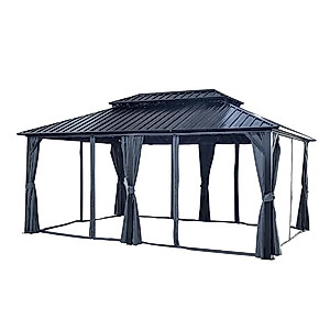 Goohome 12 x 18FT Hardtop Gazebo, Aluminum Frame Double Roof Canopy with Mosquito Net and Curtains, Outdoor Permanent Hard Top Waterproof Pergola for Shade and Rain for Lawn, Backyard, Patio