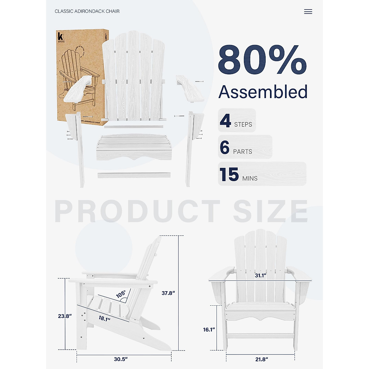 KINGYES HDPE Adirondack Chair, Classic All-Weather Outdoor Patio Adirondack Chair, White