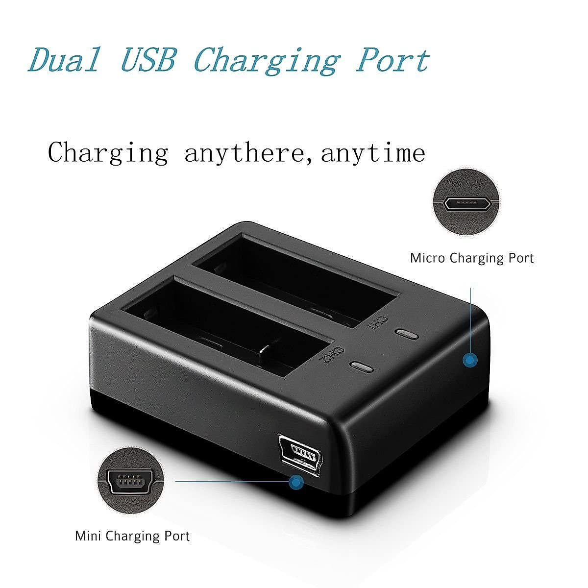 3x1350mAh Action Camera Battery, Rechargeable Batteries with USB Dual Charger, Compatible with AKASO EK7000/Brave 4/Dragon Touch Vision 3/APEMAN/Apexcam/Vemont/Crosstour/Campark Sports Camera