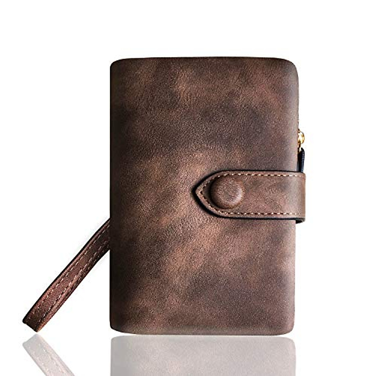 AOXONEL Women's Small Bifold Leather wallet Rfid blocking Ladies Wristlet with Card holder id window Coin Purse (Brown)