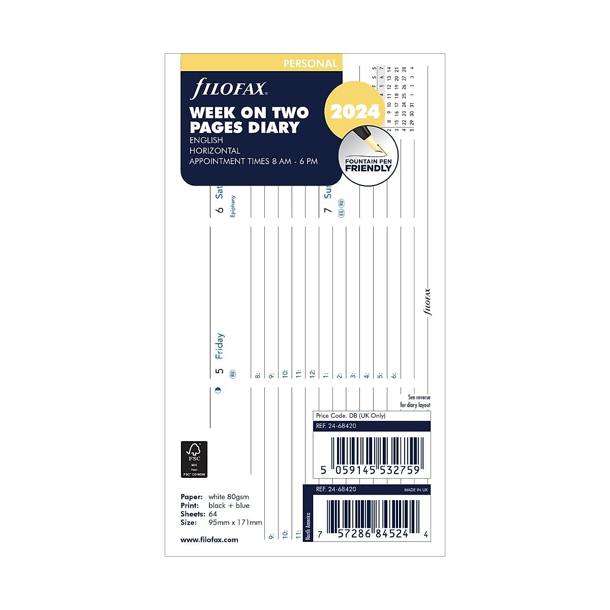 Filofax Personal horizontal week on two pages with appointments 2024 diary