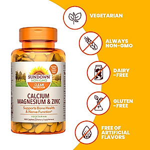 Sundown Calcium Magnesium Zinc, For Immune Support, Supports Bone And Nerve Health, 100 Caplets