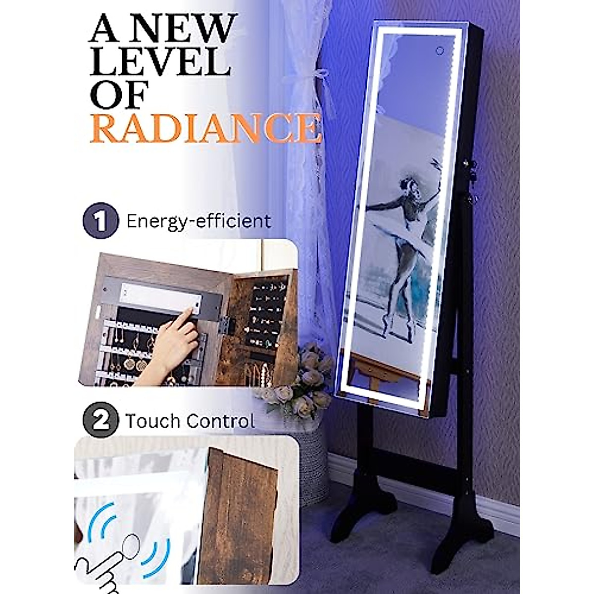 YOKUKINA Mirror Jewelry Cabinet with Lights, Full Length Mirror with Storage Organizer, Lockable Jewelry Armoire Makeup Mirror, Freestanding/Wall Mount/Over the Door, Rustic Brown