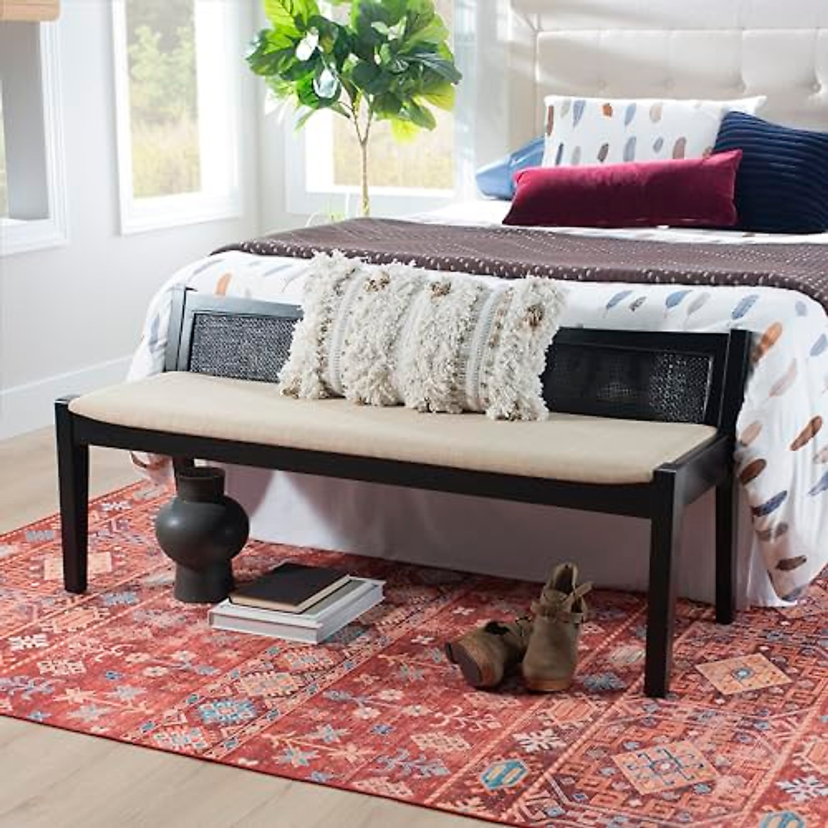 Powell Kasi Black Low Back Cane Bench with Beige Upholstered Seat