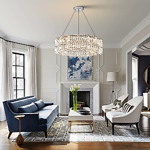 Poemoon Modern Crystal LED Chandelier 32’’ with Remote Control Dimmable 3000-6500K Contemporary Chrome Luxury Chandeliers Light Fixture for Living Dining Room Bedroom Kitchen Island Foyer Entryway