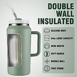 PlanetFlame 64oz Insulated Tumbler with Handle, Stainless Steel Double Wall Vacuumn Water Bottle, Lid and Straw for School, Gym, Hiking & Camping, Green