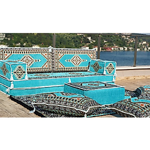 Turquoise Turkish Floor Sofas, 8" Thickness Floor Couch, Reading Sofa Pillow, Window Seat, Bench cushion, Meditation Yoga Loveseat, Healing Room Floor Cushion, Sofa Covers (Sofa Full Set)