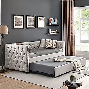 Daybed with Trundle, Upgraded Linen Upholstered Twin Size Day Bed Button-Tufted Sofa Daybed Frame with A Trundle, No Box Spring Needed, Furniture for Bedroom Living Room Guest Room (Beige, Twin)