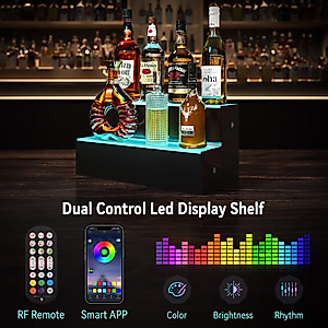 Warmiehomy LED Lighted Liquor Bottle Display Shelf, 16" 2 Step Acrylic Bar Shelves for Liquor Bottles, Alcohol Whiskey Shelves with Smart App & Remote Dual Control for Home Commercial Bar Drinks