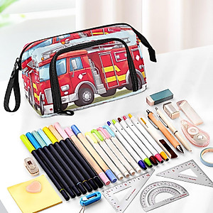 Emelivor Fire Fighting Truck Pencil Case Large Capacity Pencil Pouch Bag with Compartmens Pen Bag Case with Zipper Stationery Bag Pencil Organizer for Office School Teen Girl Boy Adult