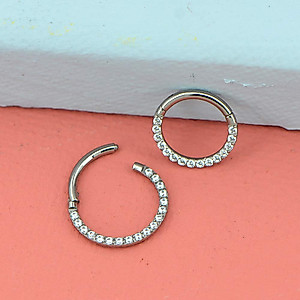 OUFER Titanium Daith Earring Hoop Solid G23 Cartilage Tragus Helix Rings 16G Titanium Septum Piercing Jewelry Hinged Segment Hoop With Clear CZ Paved