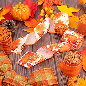 Whaline 6 Rolls Fall Thanksgiving Burlap Ribbon 30 Yard Orange Plaid Autumn Harvest Ribbon Pumpkin Fall Leaves Wired Edge Wrapping Ribbon Rustic Craft Ribbon for Wreath Floral Bows Craft Decor, 2.5In