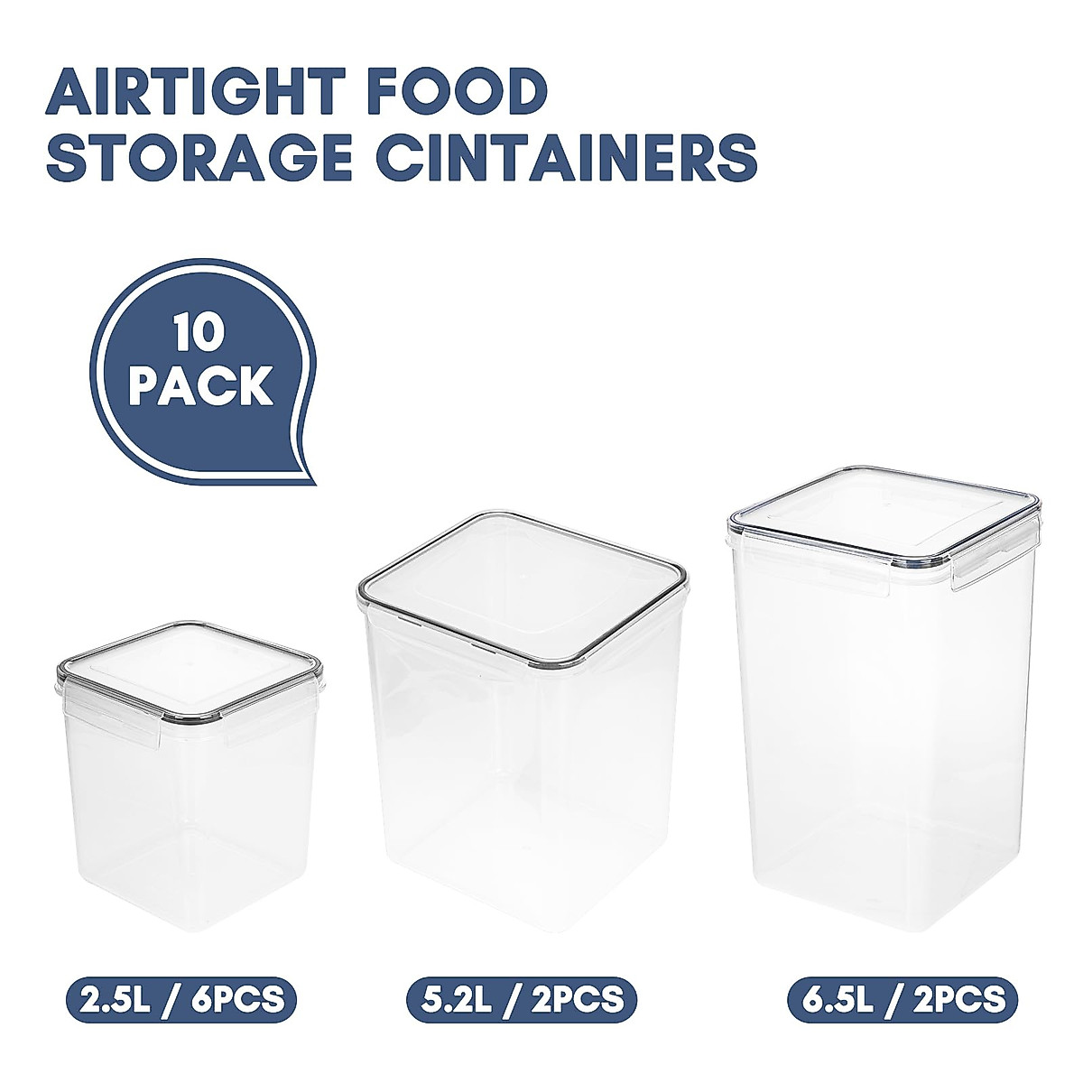 Moretoes Cereal Containers Storage, 10pcs Large Plastic Airtight Food Storage Containers with Lids for Spaghetti Flour Sugar, 6.5L/2pk, 5.2L/2pk, 2.5L/5pk