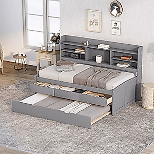 BOVZA Twin Size Captain Bed with 3 Storage Drawers and Trundle, Wood Twin Bed Frame with Built-in Bookshelves for Kids Teens Adults, Light Gray
