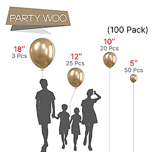 PartyWoo Chrome Gold Balloons, 100 pcs Gold Chrome Balloons Different Sizes Pack of 18 Inch 12 Inch 10 Inch 5 Inch for Balloon Garland or Arch as Birthday Decorations, Party Decorations, Gold-G127