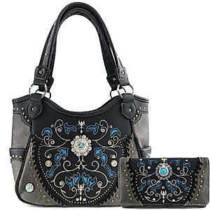 Justin West Concho Floral Embroidered Studded CCW Concealed Carry Shoulder Purse Handbag Wallet (Black Purse Wallet Set)