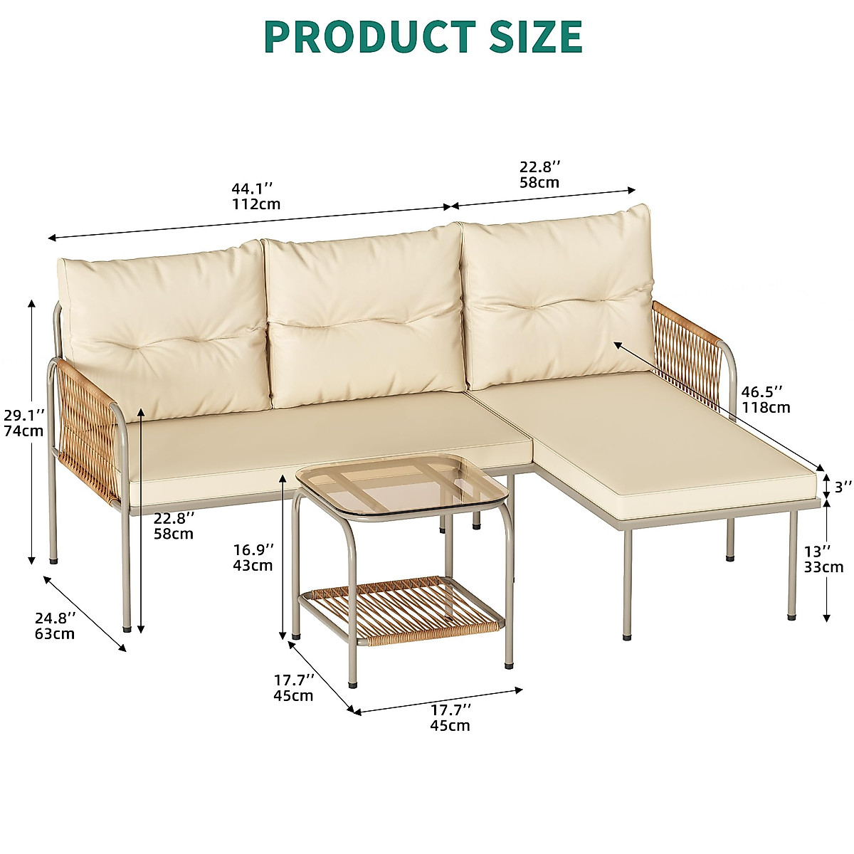 YITAHOME 3 Pieces Patio Furniture Set, Outdoor Wicker Conversation Set, All-Weather Rattan Sectional L-Shaped Sofa Detachable Lounger with Cushions and Coffee Table for Backyard, Porch, Boho - Beige