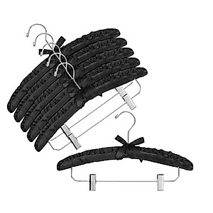 Only Hangers Black Satin Padded Hangers w/ Chrome Hook & Clips - Pack of (6) Hangers