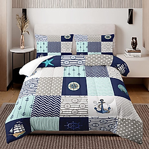 HOSIMA Nautical Comforter Set Queen,Plaid Patchwork Ocean Themed Bedding Sailboat and Anchor Print Kids Bedding Set for Boys Adult Kids Girls,Navy Blue Comforter Queen Size with 2 Pillow Shams.