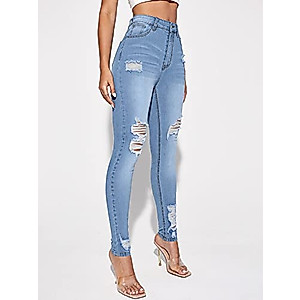 Floerns Women's High Waisted Ripped Skinny Jeans Destroyed Denim Pants Light Blue S