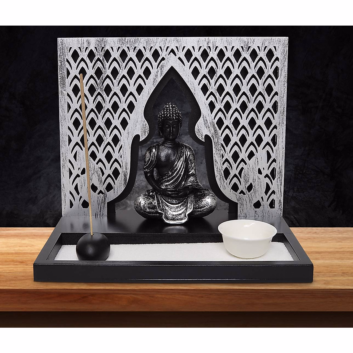 Basic Fundamentals Zen Garden Candle Holder Home Decor - Buddha Incense Stick Holder Office Desk Accessories - Zen Garden Sand Office Decor - Buddha Table Top - 8.75" x6.5”x 8.75”