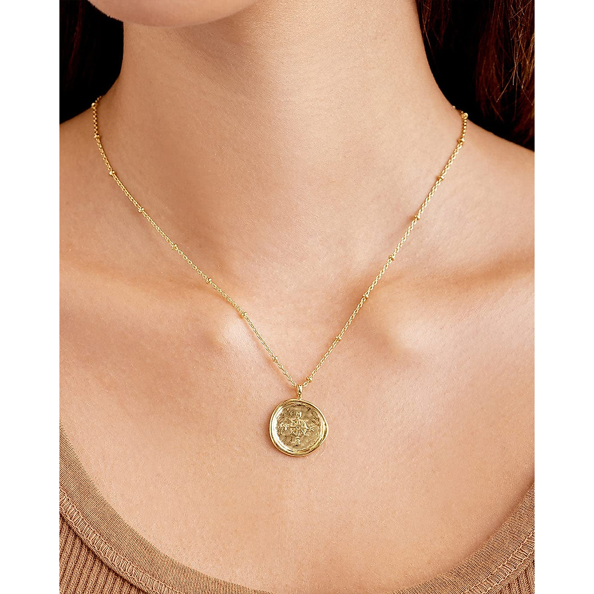 gorjana Women's Compass Coin Pendant Necklace, 18K Gold Plated Medallion, Adjustable 19 inch Chain