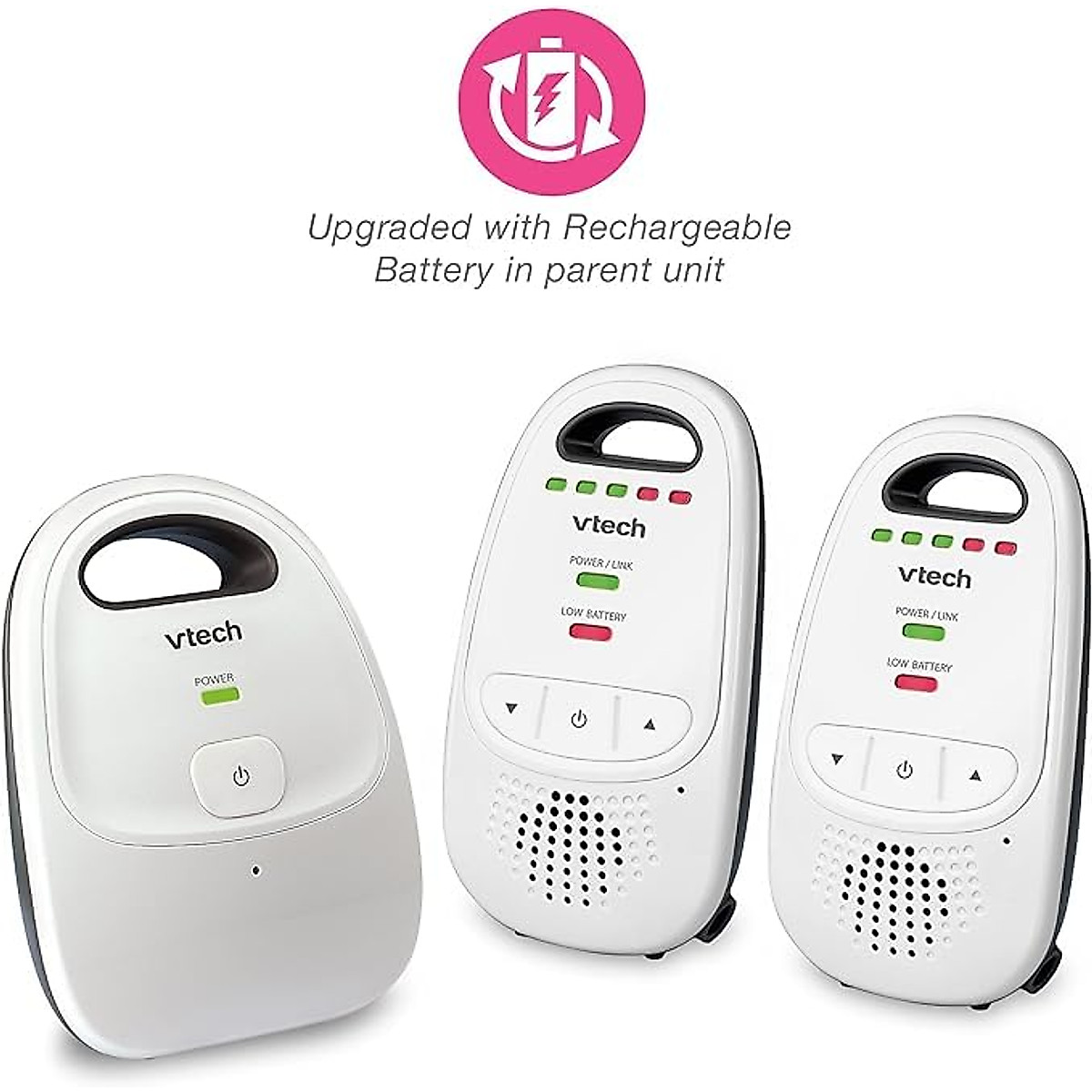 VTech DM112-2 Upgraded Audio Baby Monitor. 2 Parent Units with Rechargeable Battery, Best-in-Class Long Range, Digital Wireless Transmission, Crystal-Clear Sound, Plug & Play, Sound Indicator & Alerts