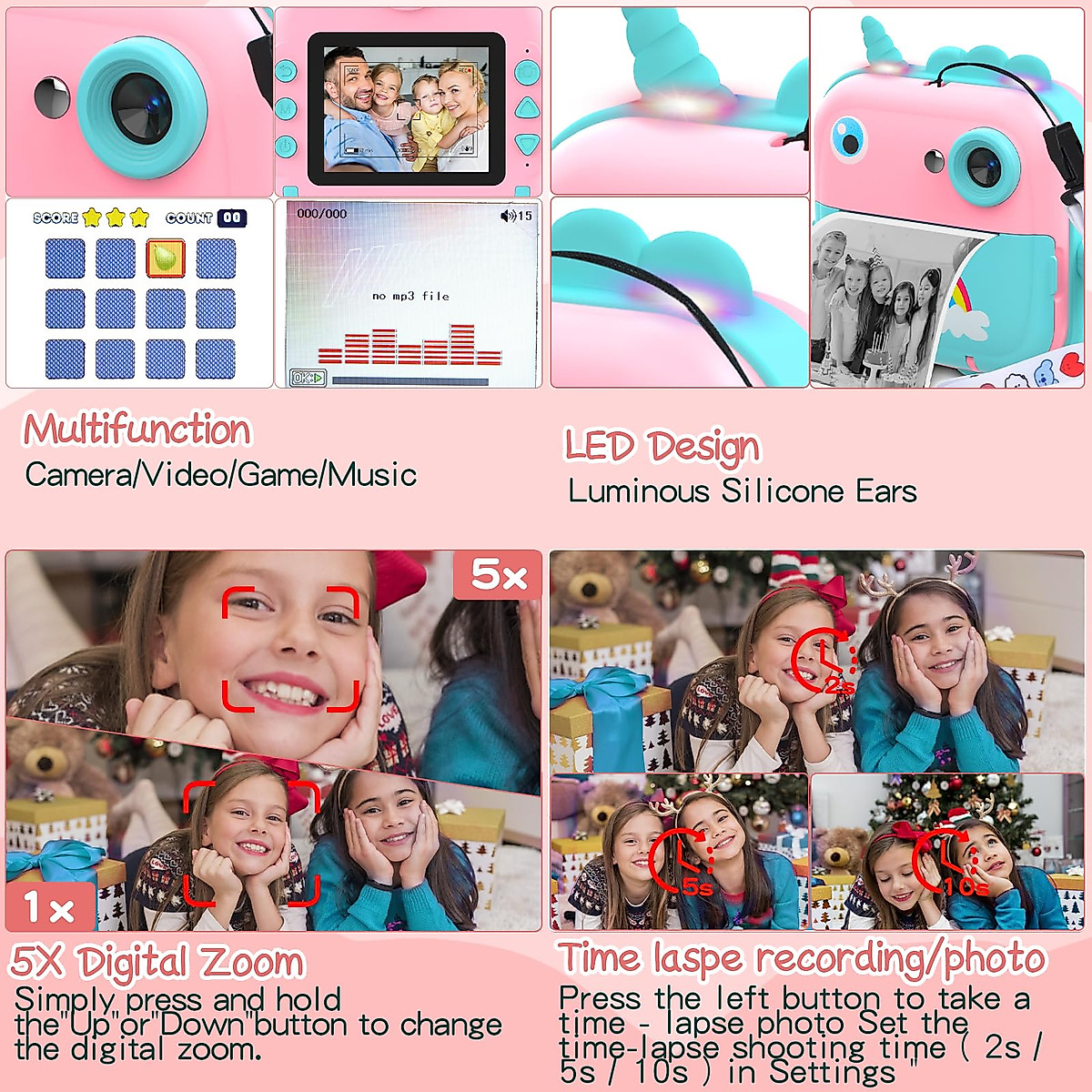 Instant Print Camera for Kids,Inkless Sticker Printer for Girls Boys Age 3-12, 20MP HD Digital Video Cameras, Mini Thermal Printer Kid Toy with 3 Rolls Photo Paper, 5 Color Pens, 32GB Card-Pink