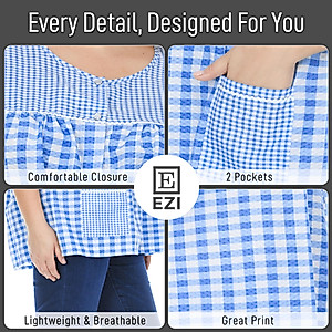 Ezi Women's Snap Front Short Sleeve Gingham Shift Seersucker Housecoat Apron Shirt Blue