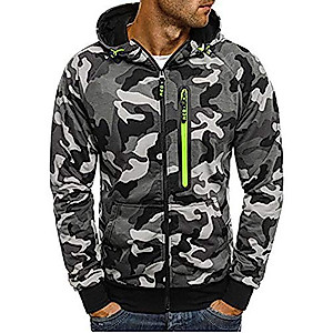 Mens Zipper Hooded Sweatshirts, Thenlian Mens Camouflage Zipper Pullover Long Sleeve Hooded Sweatshirt Tops Blouse(Gray, XL)