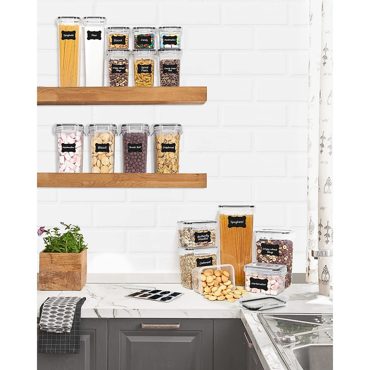 DMH [14 Pack] Airtight Food Storage Containers With Lids For Kitchen Organization And Storage Pantry Flour Sugar Pasta Dry Food Cereal Container - Free Labels Marker & Spoon Set