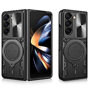 Haeuorey Compatible with Samsung Galaxy Z Fold 5 Case [Heavy Duty Protective] [360°Ring Magnetic Kickstand] [Slide Camera Lens Cover] Protective Armor Case for Samsung Galaxy Z Fold 5 (Black)