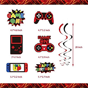 Red Video Game Party Supplies - 212Pcs Gamer Gaming Party Decoration For Boys Birthday Party - Table Cover, Plates, Cups, Napkins, Utensils, Hanging Swirls, Birthday Banner, Cupcake, Topper Cake Topper & Balloons Serves 16 Guests