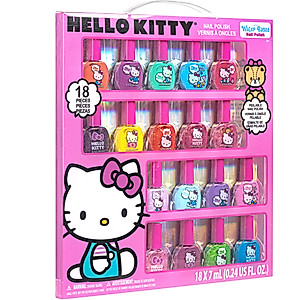 Hello Kitty Non-Toxic Water-Based Peel-Off Nail Polish Set with Glittery, Shimmery & Opaque Colors for Girl Kids Ages 3+, Perfect for Parties, Sleepovers & Makeovers, 18 Pcs