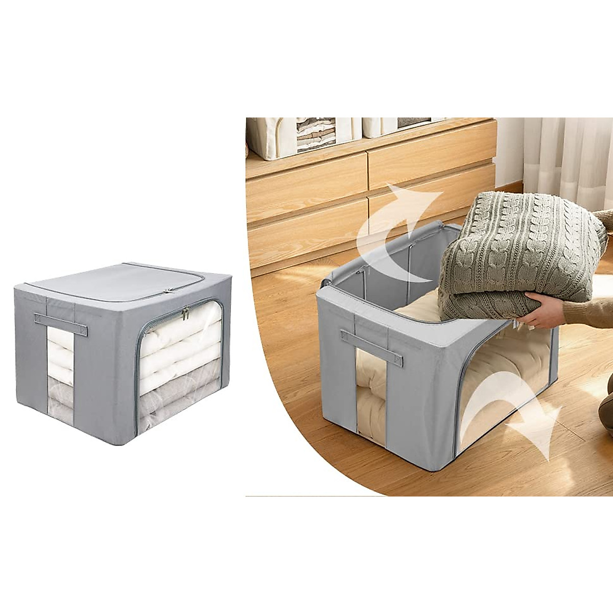 Stackable Clothes Storage Box for Clothing Gadgets,Steel Frame Storage Bins for Bedding Blankets Toys Gift,Foldable Oxford Fabric Closet Organizer Bag Set with Carry Handles and Clear Window (Large- 66L x3 Pack, Grey)