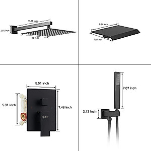 BWE 12 Inch Black Shower System Faucet Waterfall Tub Complete with Matte Spout Set Square Luxury Rain Mixer Pressure Balancing 3-Function Wall Mount Rainfall Rough-in Valve Body and Trim Included