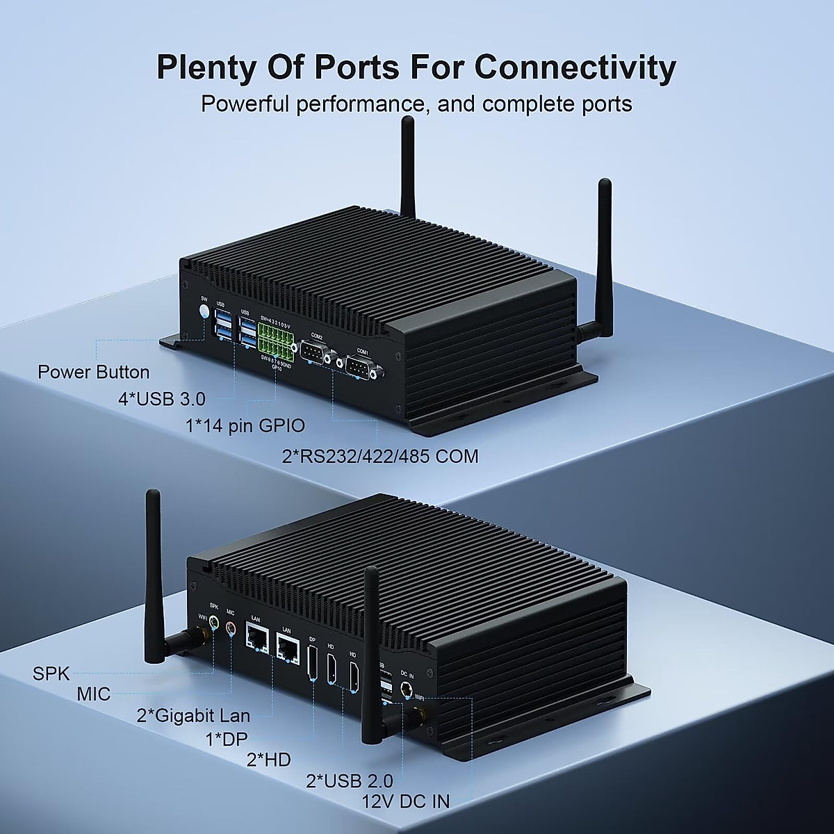 WEIDIAN Industrial Mini PC, Intel Core i7-10810U, 64GB RAM, Windows 11 Pro, 1TB SSD, 4K UHD Triple Display, Fanless Design, GPIO Interface, Wireless Connections