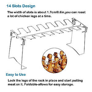 ENINFUT Chicken Leg Wing Grill Rack, 14 Slots BBQ Chicken Drumsticks Stainless Steel Roaster Stand for Smoker or Oven, with Silicone Mitts, Brush, Clip and Drip Pan, Collapsible Dishwasher Safe