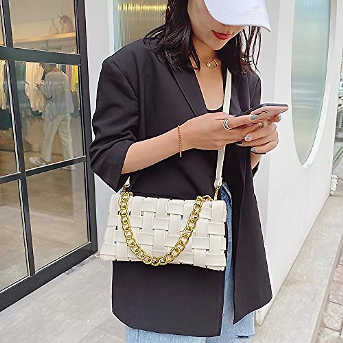 COFIHOME Women’s Braided Shoulder Bag Purses and Handbags Crossbody Flapper Braided Satchel Clutch Evening Bag (White)