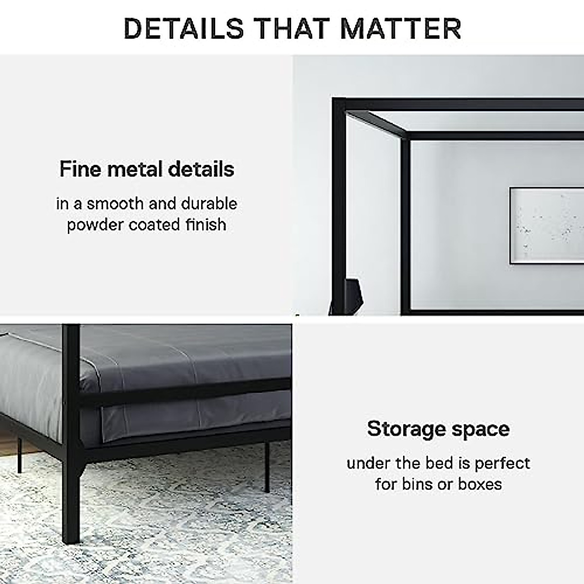 DHP Modern Metal Canopy Platform Bed with Minimalist Headboard and Four Poster Design, Underbed Storage Space, No Box Spring Needed, King, Black