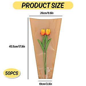 Whaline 50Pcs Flower Wrapping Bags Christmas Kraft Paper Floral Packing Sleeves Bouquet Bags Clear Flower Wrapping Sleeves for Thanksgiving Wedding Birthday Mother's Day Gift, 9.8x3.9x17.9 Inch