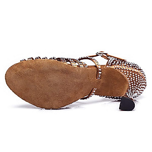 ROGMUJEN Women Latin Ballroom Practice Perfermence Rhinestones Dance Shoes Tango Salsa Party Dress Pump Dance Shoes,Bronze,7.5US,ML380