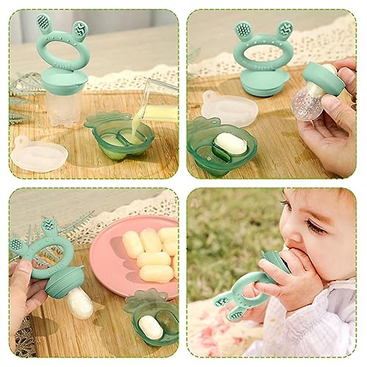 Haakaa Baby Fruit Food Feeder & Mini Freezer Nibble Tray Combo, Breastmilk Popsicle Molds for Cooling Relief, BPA Free Silicone Feeder for Safe Infant Self Feeding, 4 Month+ (Pea Green)